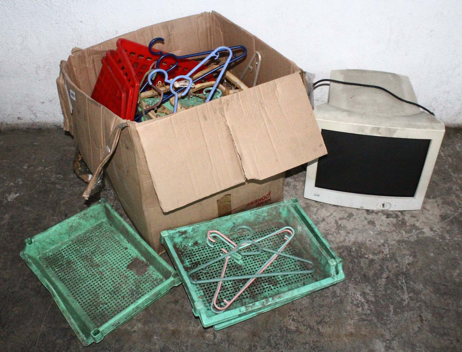 Hanger, CRT Monitor, Plastic Organizer and Assorted Items / 1 Box ...