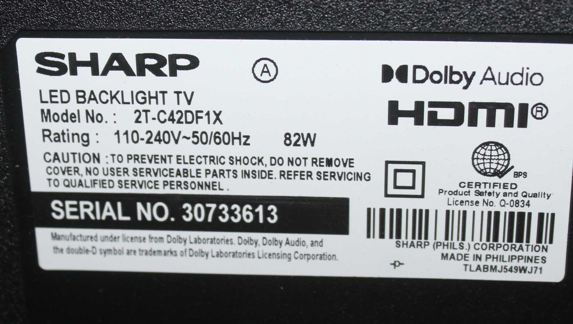 Sharp 42" LED TV 2T-C42DF1X - Sharp 42" LED TV 2T-C42DF1X | HMR Shop N' Bid