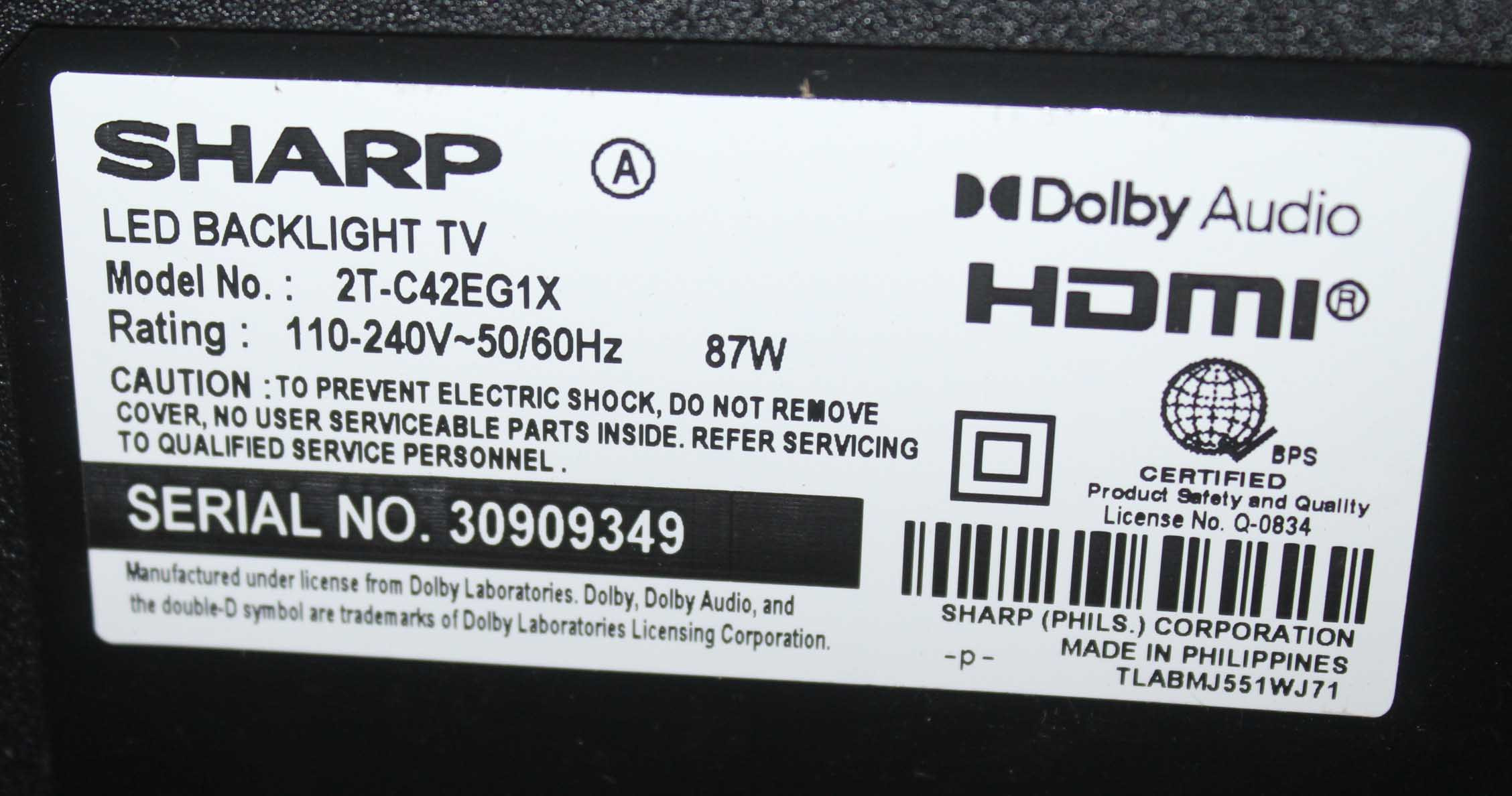 Sharp 42" LED TV 2T-C42EG1X - Sharp 42" LED TV 2T-C42EG1X | HMR Shop N' Bid