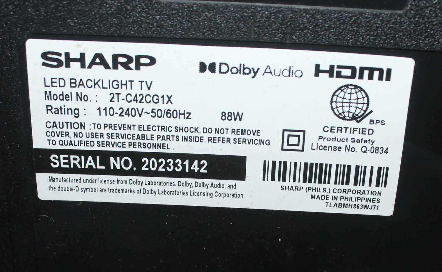 Sharp 42" LED TV 2T-C42CG1X - Sharp 42" LED TV 2T-C42CG1X | HMR Shop N' Bid