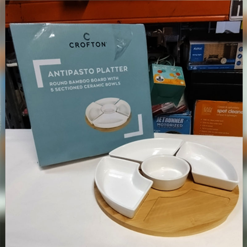Crofton Antipasto Platter Round Bamboo Board with 4 Sectioned Ceramic ...